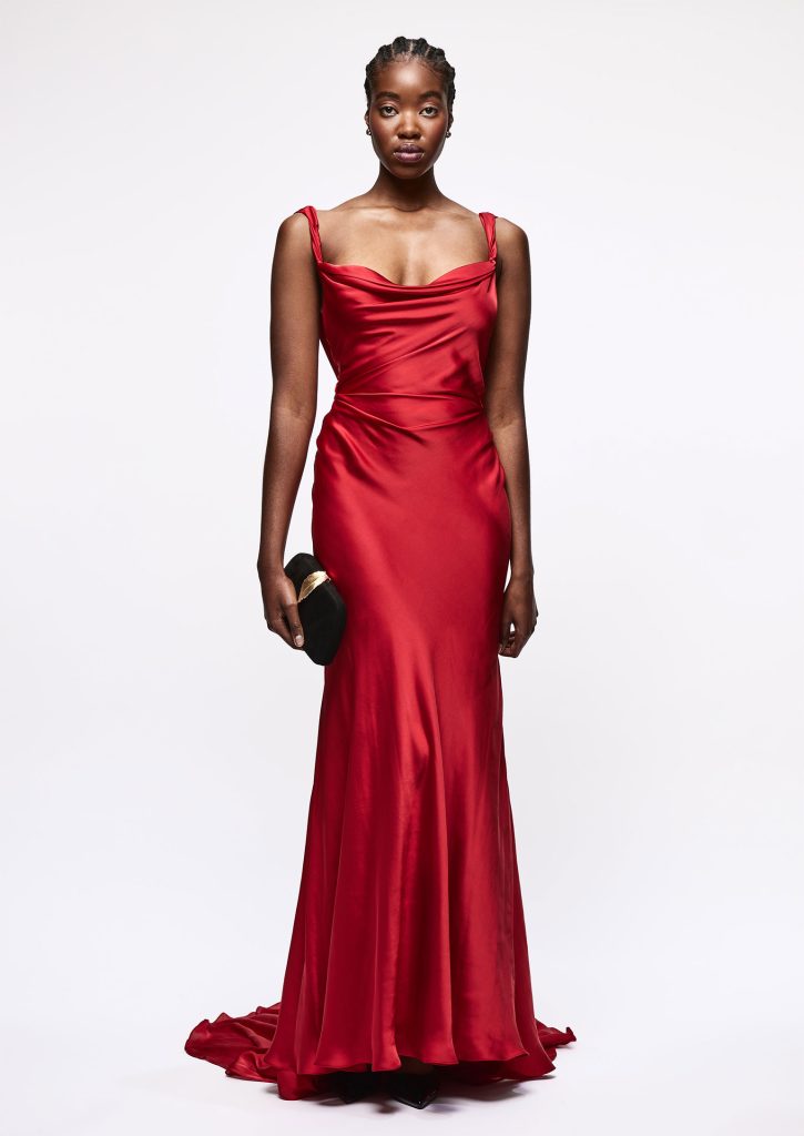 Cowl Neck Bias Cut Vegan Silk Gown In Red | Sanyukta Shrestha London